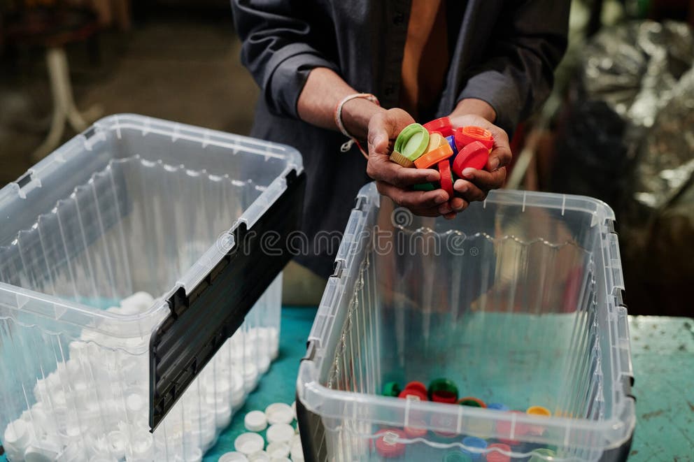 Factory Worker Sorting Plastic Caps Stock Image - Image of disposal ...
