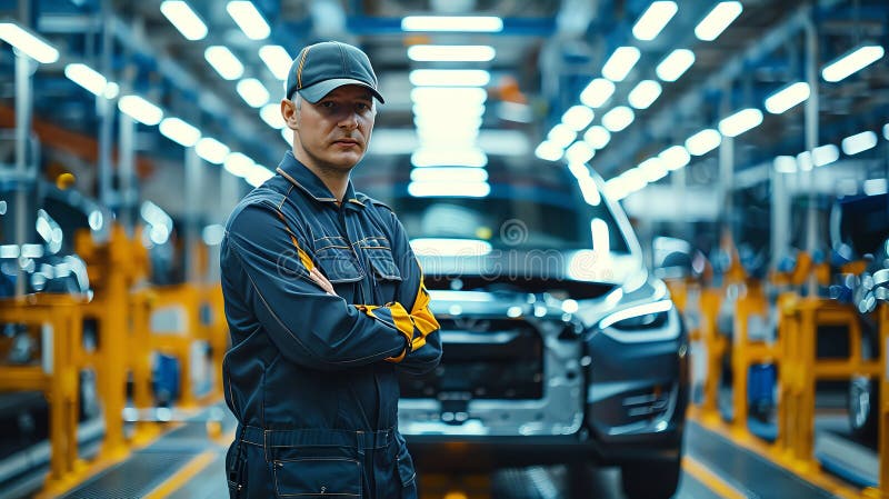 A Factory Worker Stands Proudly in Front of a Car on an Assembly Line ...