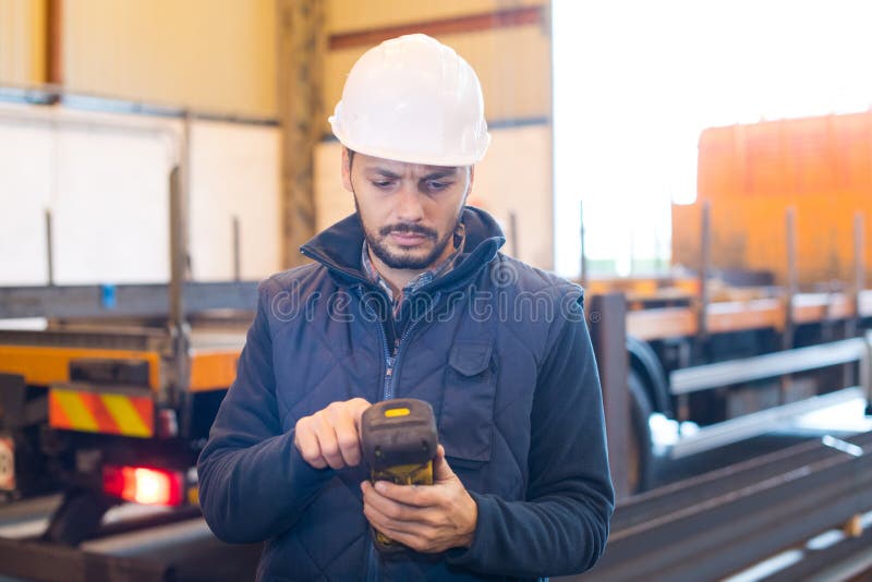 Factory Worker Using Handheld Scanner Stock Image - Image of flatbed ...