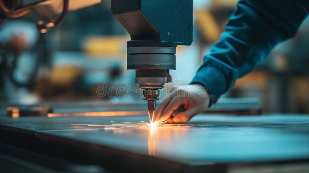 Factory Worker Using a Laser Cutter To Create Precise Shapes Stock ...