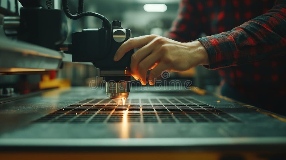 Factory Worker Using a Laser Cutter To Create Precise Shapes Stock ...