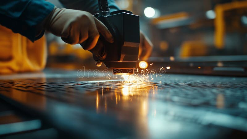Factory Worker Using a Laser Cutter To Create Precise Shapes Stock ...