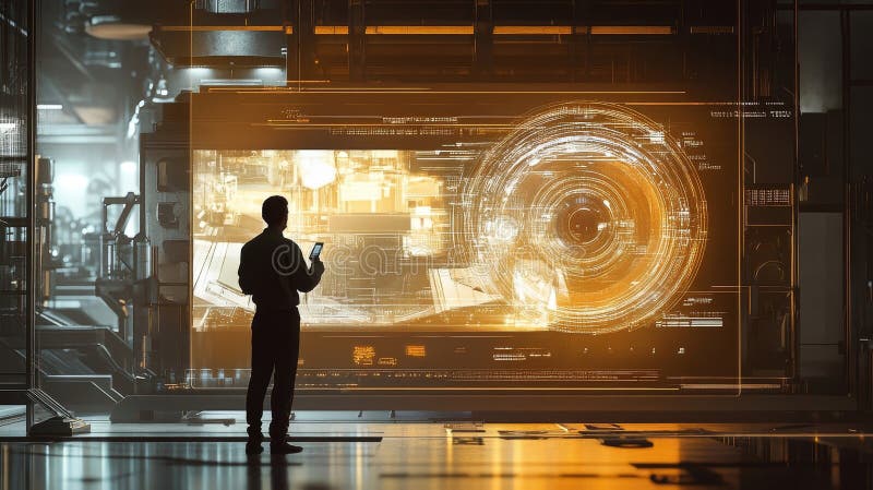 Factory Worker Views a Holographic Projection of a Machine Internals ...