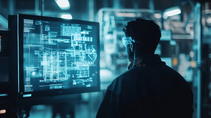 Factory Worker Views a Holographic Projection of a Machine Internals ...