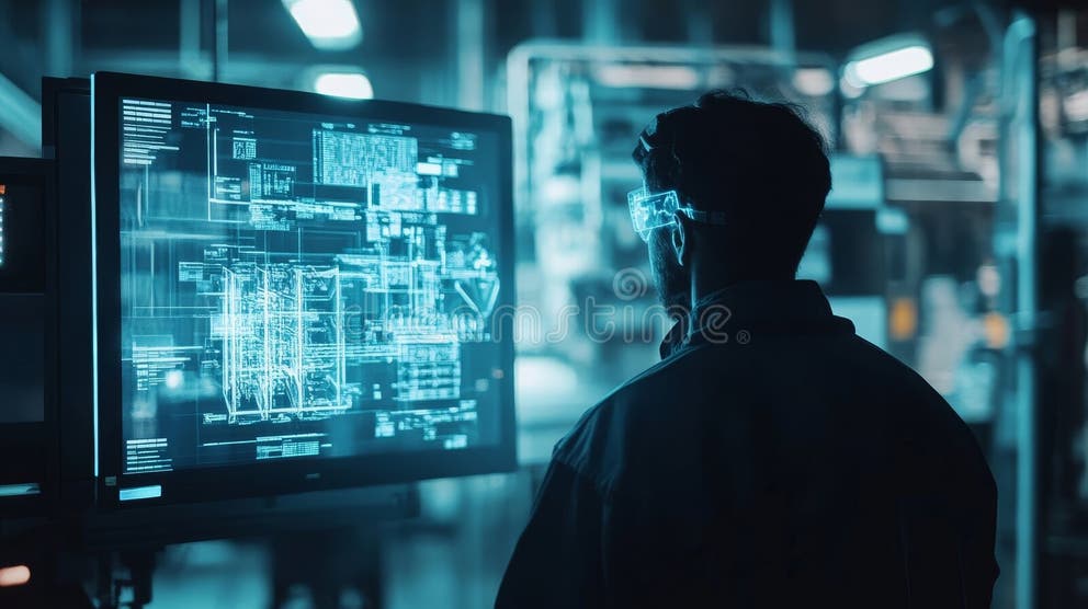 Factory Worker Views a Holographic Projection of a Machine Internals ...