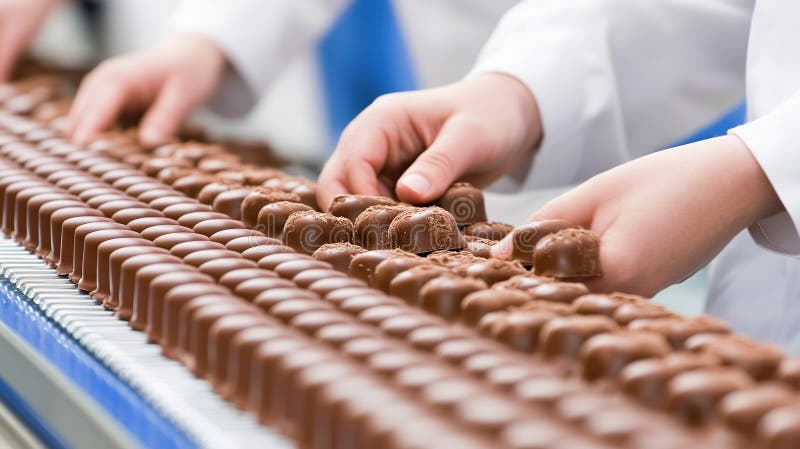 Factory Workers Arranging Chocolates on Conveyor Belt Stock Photo ...