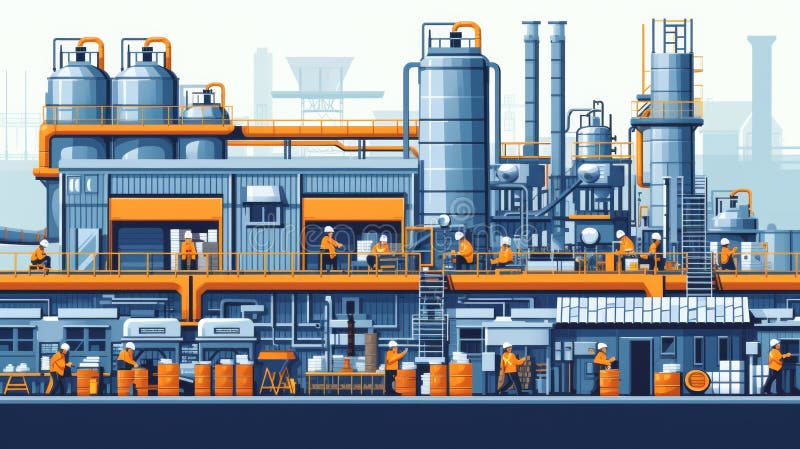 A Factory with Workers and Barrels in a Blue Background, AI Stock ...