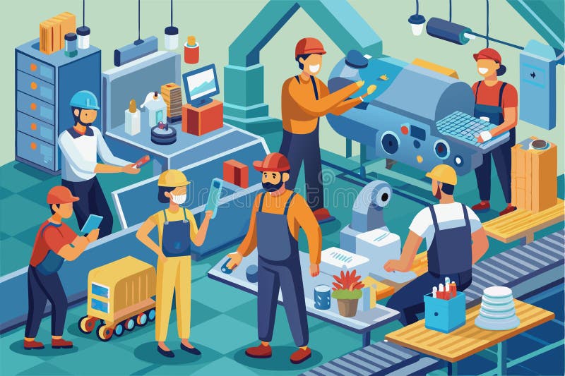 Factory Workers Collaborate on Production Tasks, Handling Equipment and ...