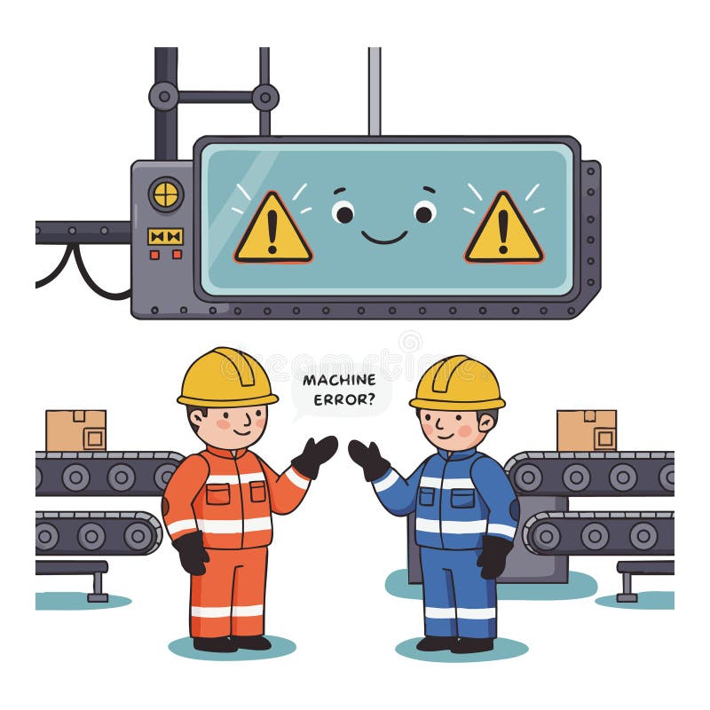 Factory Workers Discussing Machine Error Alert on Conveyor Belt ...