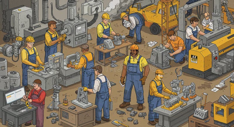 Factory Workers are Engaged in Various Tasks Around Industrial ...