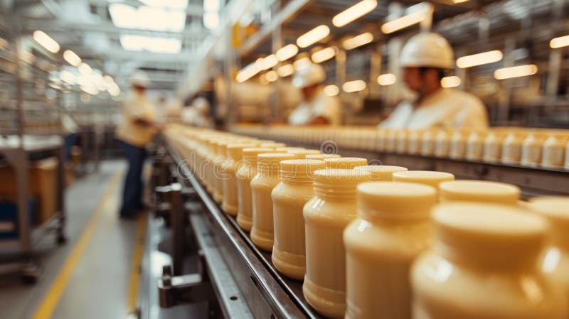 Factory Workers on Production Line with Bottles. Stock Image - Image of ...