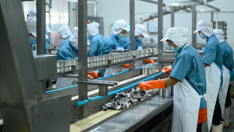 Factory Workers Sorting and Placing Fish into Metal Cans on a ...
