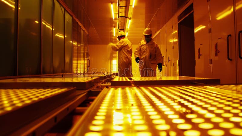 Factory Workers Testing Newly Manufactured Solar Panels in a Simulated ...