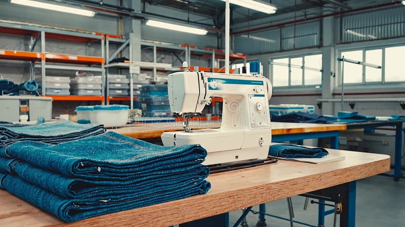 Factory Workshop with a Sewing Machine and Stacked Denim Fabric on a ...