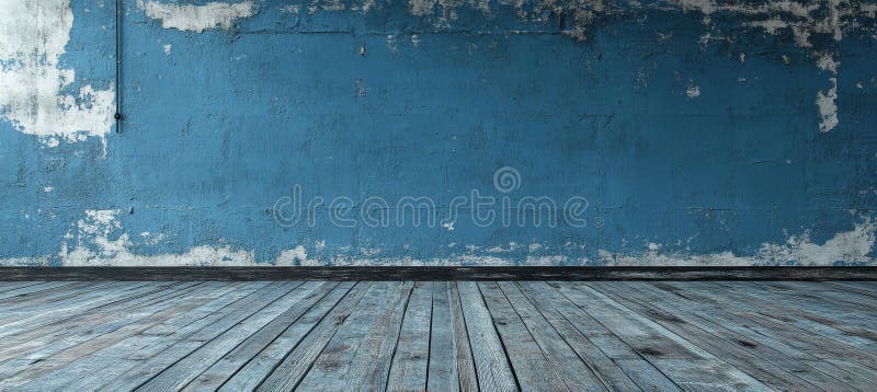 Faded Blue Wall, Rustic Wooden Floor, Empty Room, Vintage Background ...