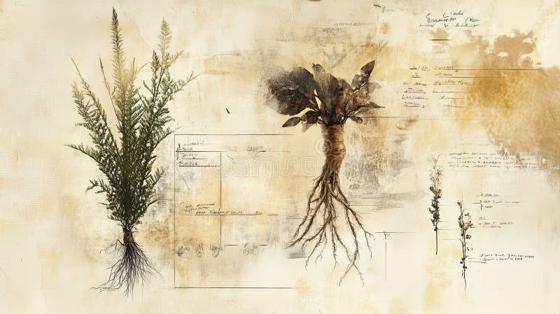 Faded Botanical Study with Horsetail, Labeled Roots and Leaves. Stock ...