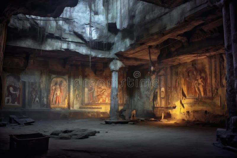 Faded Cave Murals Illuminated by Torchlight Stock Illustration ...