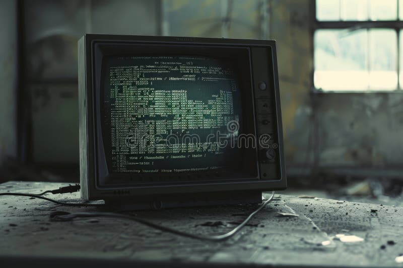 Faded Computer Monitor Displaying Command Prompt In Abandoned Building Faded Computer Screen