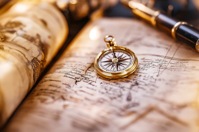 Faded Ink Map and Vintage Compass on Display, Showcasing Ancient ...