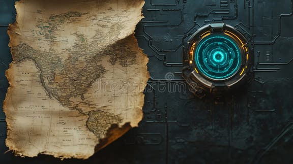 Faded Map Contrasts with Modern Digital Navigation System Demonstrating ...