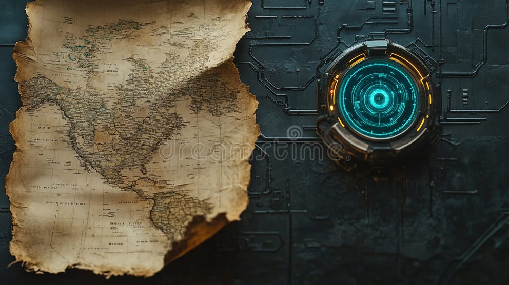 Faded Map Contrasts with Modern Digital Navigation System Demonstrating ...