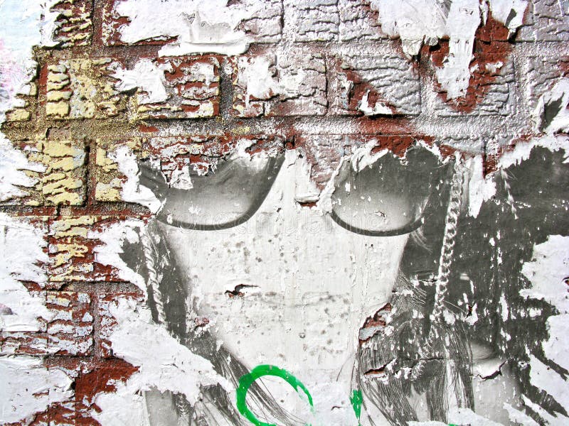 Faded Poster on a Brick Wall Stock Image - Image of decrepit, blue ...