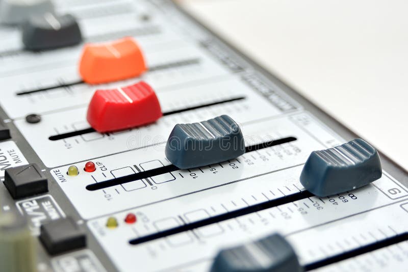 Fader Spread Out in Different Directions on a Mixing Console, Close-up ...