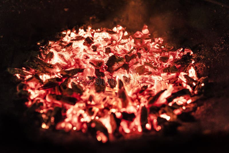 Fading Embers from a Wood Burning Fire at Night. Stock Image - Image of ...