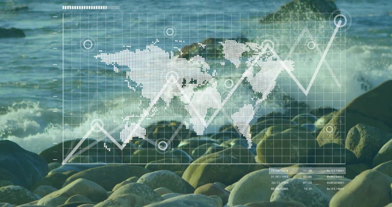Fading Grid Overlay on World Map, Data Points Emerging and Table ...