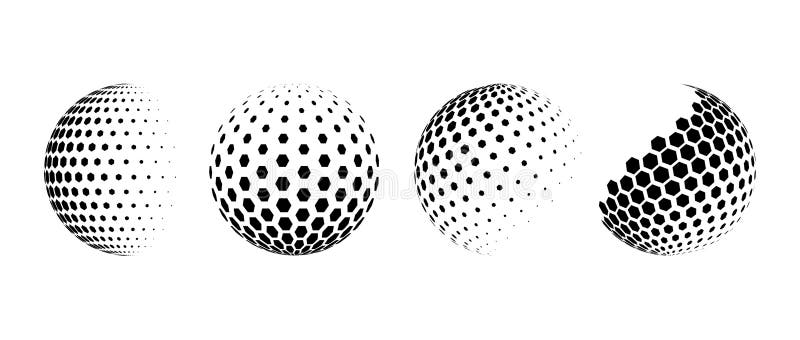 Fading Halftone Pattern Sphere Set. Hexagon Wireframe 3d Circle ...
