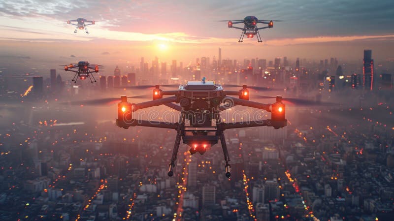 In the Fading Light of Dusk, Drones Survey a Sprawling Cityscape Veiled ...