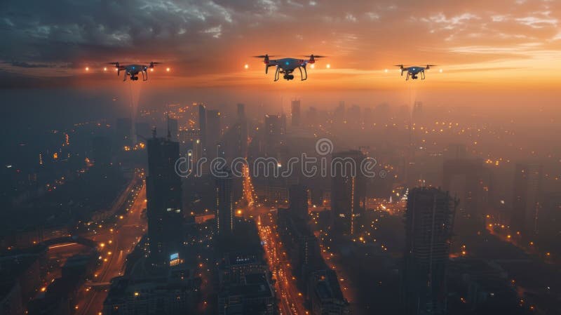 In the Fading Light of Dusk, Drones Survey a Sprawling Cityscape Veiled ...