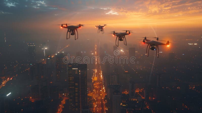 In the Fading Light of Dusk, Drones Survey a Sprawling Cityscape Veiled ...