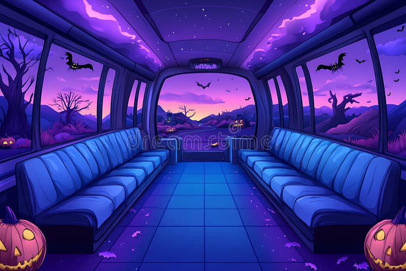 Spooky Halloween View through the Windows of a Purple Bus with Haunted ...
