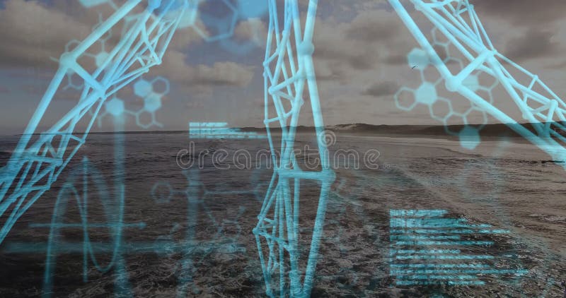 Faint Blue Wireframe Mesh Materializing Over Ocean Waves, Scanning Wave ...