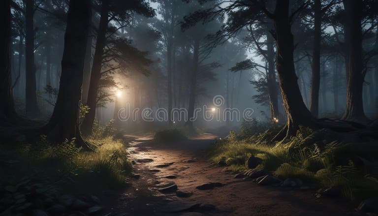 Faint Light Illuminating a Darkened Forest Path - Flickering Lantern on ...