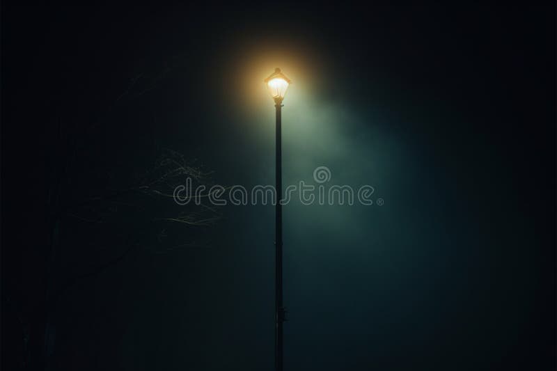 Faint Mysterious Light from a Lamppost Pierces through Evening Fog ...