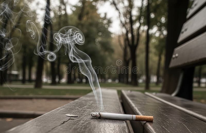 Small Trail of Smoke Rises from a Cigarette Left on Bench in Quiet Tree ...