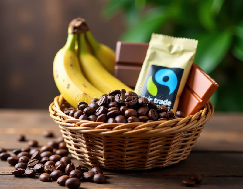 Fair Trade Coffee, Chocolate, and Bananas in a Basket Stock ...