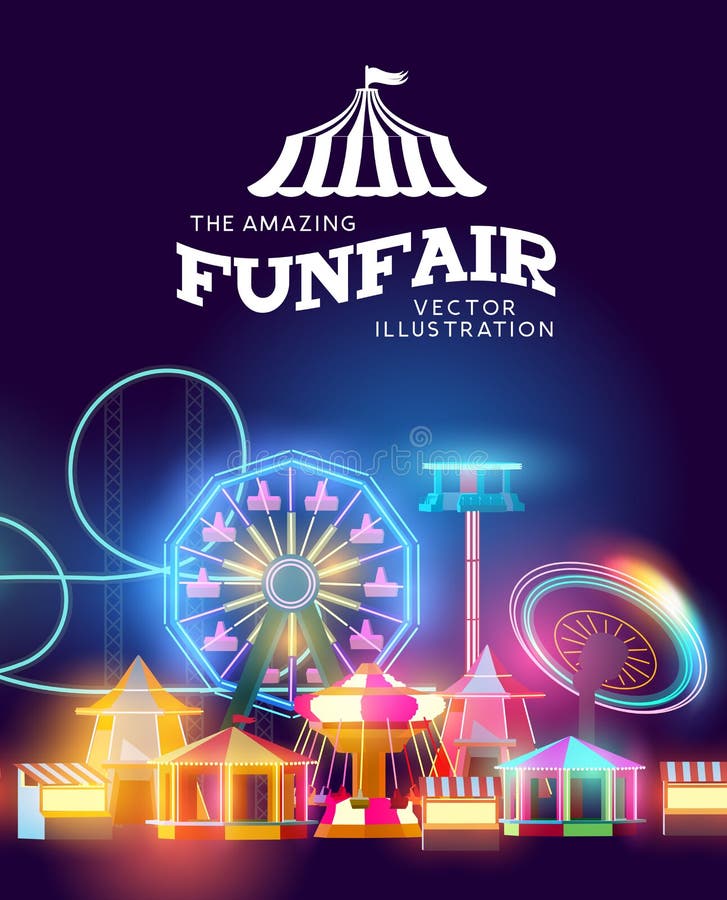 Fairground and Amusement Park Glowing at Night Stock Vector ...