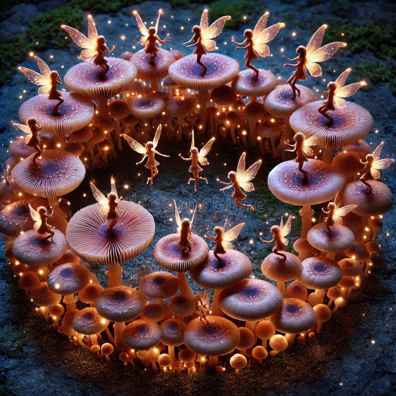 Fairy Circle Mushrooms in a Circle with Tiny Glowing Fairies Dan Stock ...
