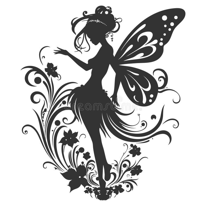 Beautiful Fairy Silhouette Bkack And White Vector Illustration Stock