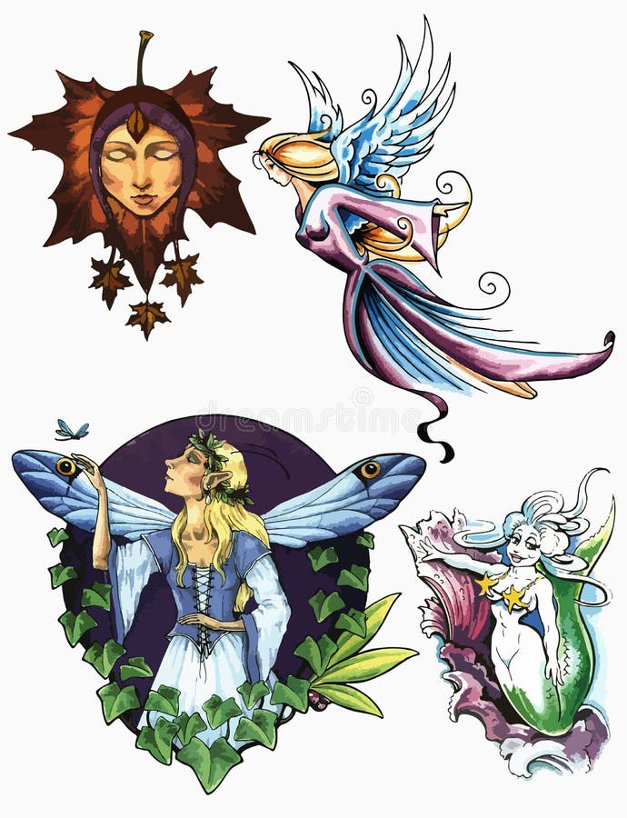 Fairy with Flowers Tattoo. Set of Labels and Elements. Vector Set ...