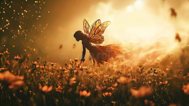 Fairy Flying Over a Field of Flowers at Sunset Stock Footage - Video of ...