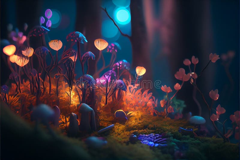 Fairy Forest at Night, Fantasy Glowing Flowers and Lights. Generative ...