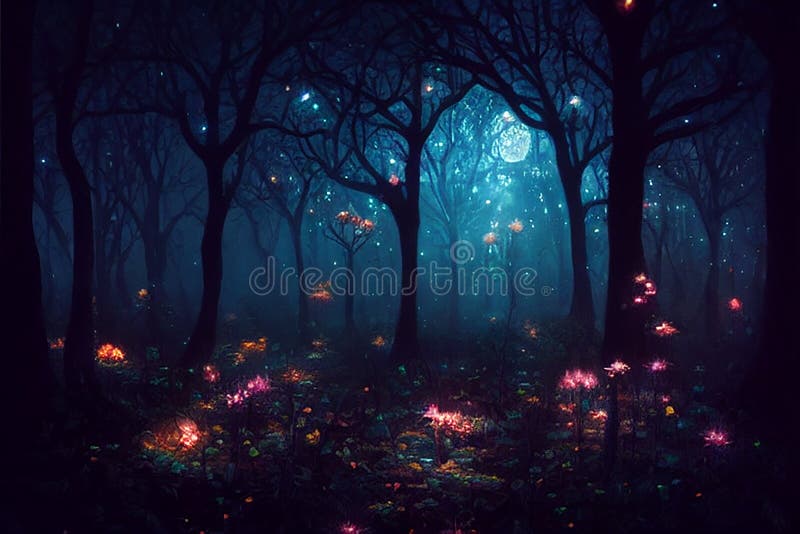 Fairy Forest at Night, Fantasy Glowing Flowers and Lights. Generative a ...