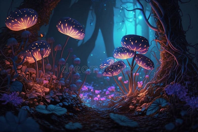 A Fairy Forest at Night, with Glowing Flowers and Lights in a Fantasy ...