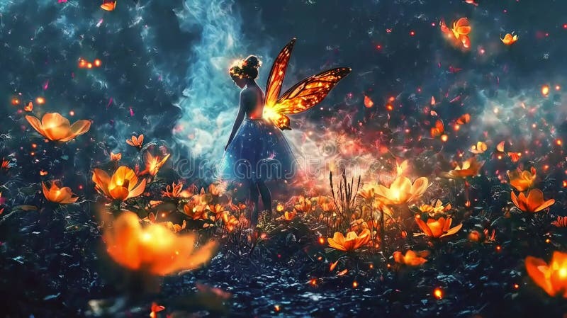 Fairy with Glowing Wings in Magical Flower Field Stock Footage - Video ...