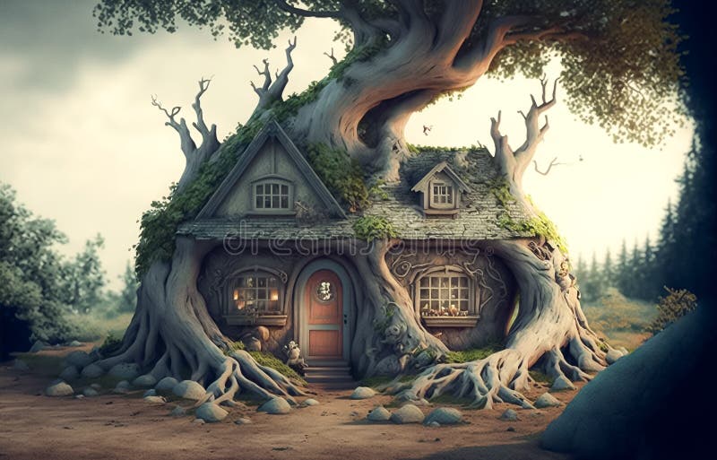 Fairy House in the Tree Roots. Generative AI Stock Illustration ...