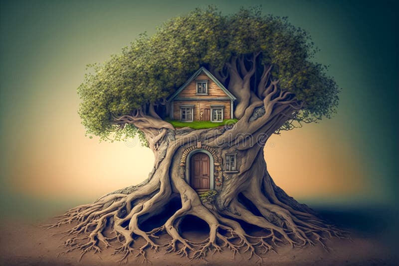 Fairy House in the Tree Roots. Generative AI Stock Illustration ...